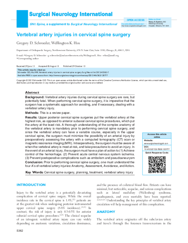 (PDF) Vertebral artery injuries in cervical spine surgery