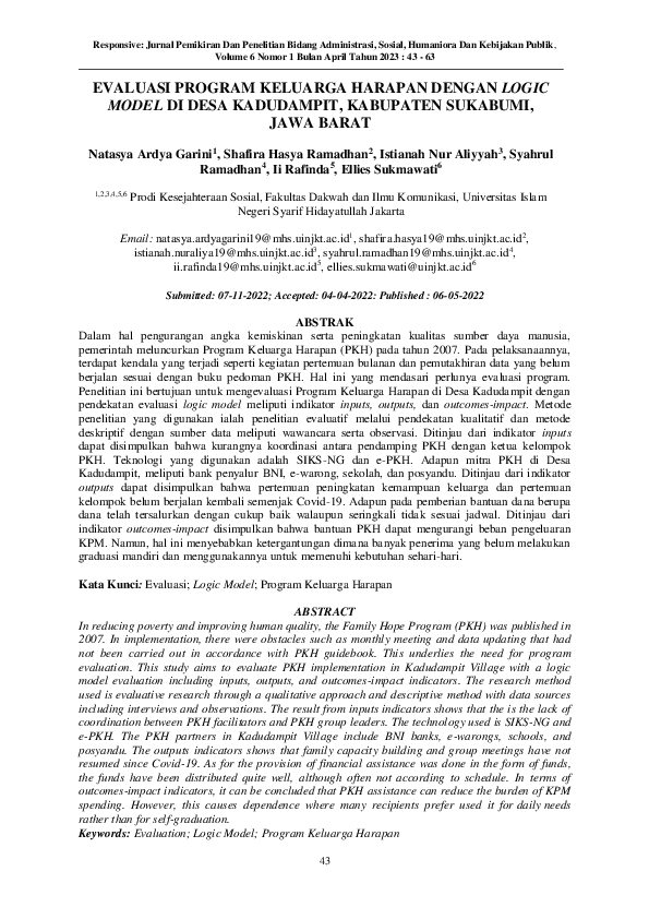 (PDF) Evaluasi Program Keluarga Harapan Dengan Logic Model DI Desa Kadudampit, Kabupaten ...