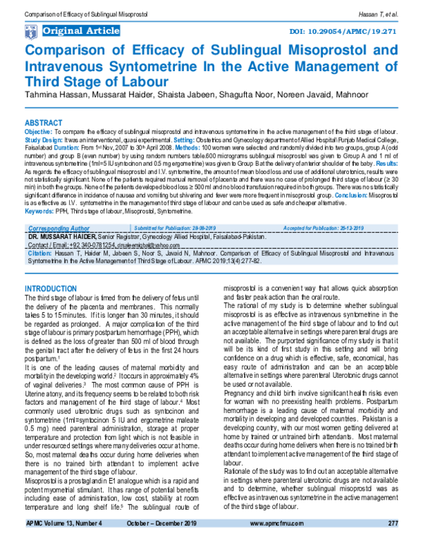 (PDF) Comparison of Efficacy of Sublingual Misoprostol and Intravenous ...