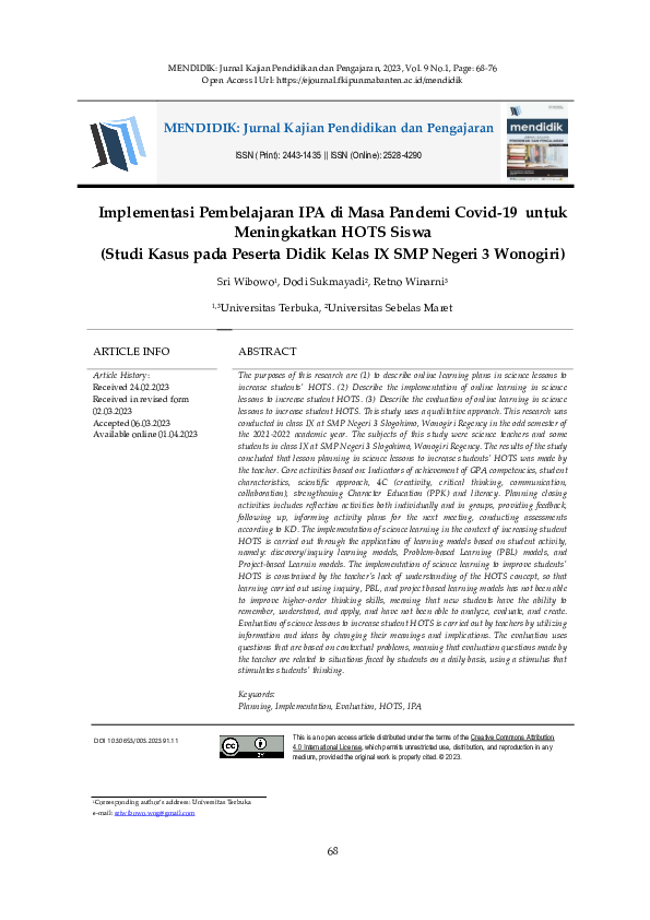 (PDF) Implementasi Pembelajaran IPA di Masa Pandemi Covid-19 untuk Meningkatkan HOTS Siswa ...