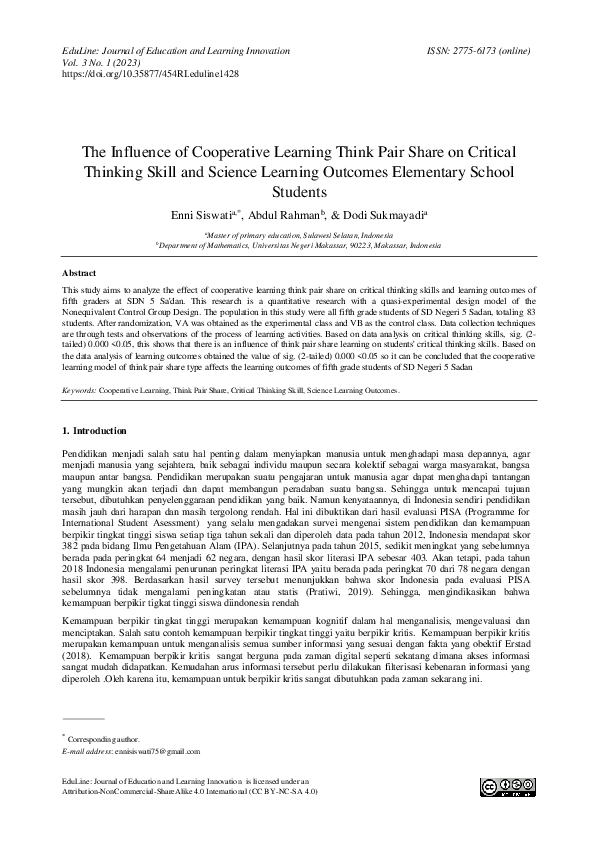(PDF) The Influence of Cooperative Learning Think Pair Share on Critical Thinking Skill and ...