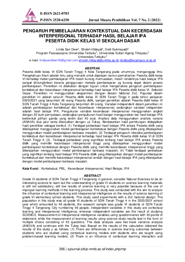 (PDF) Pengaruh Pembelajaran Kontekstual Dan Kecerdasan Interpersonal Terhadap Hasil Belajar Ipa ...