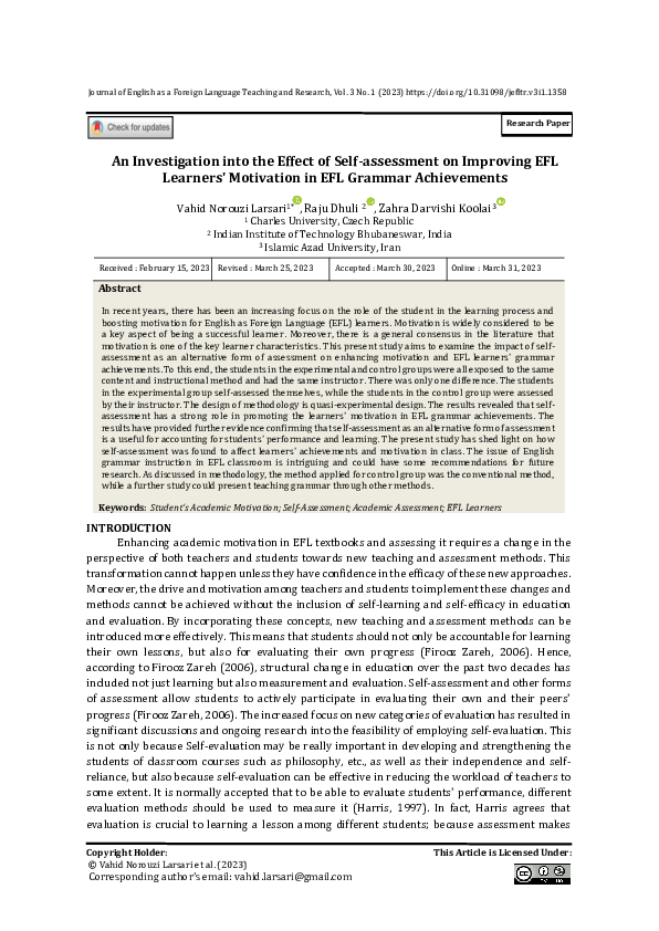 (PDF) An Investigation into the Effect of Self-assessment on Improving EFL Learners' Motivation ...