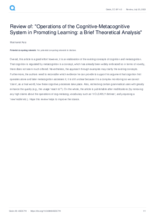 (PDF) Review of: "Operations of the Cognitive-Metacognitive System in Promoting Learning: a ...