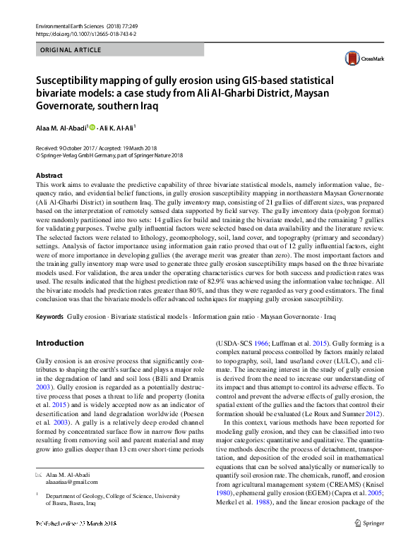 (PDF) Susceptibility mapping of gully erosion using GIS-based statistical bivariate models: a ...