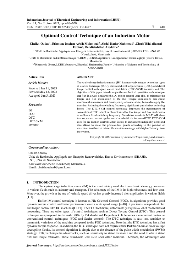 (PDF) Optimal Control Technique of an Induction Motor