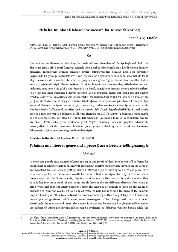(PDF) Edebî bir tür olarak falnâme ve mensûr bir Kur'ân falı örneği