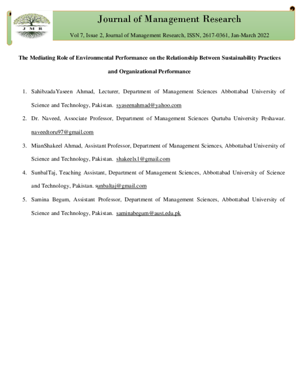 (PDF) The Mediating Role of Environmental Performance on the Relationship Between Sustainability ...