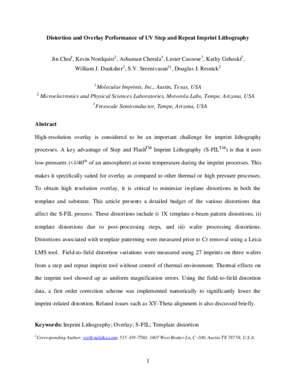 (PDF) Distortion and overlay performance of UV step and repeat imprint ...