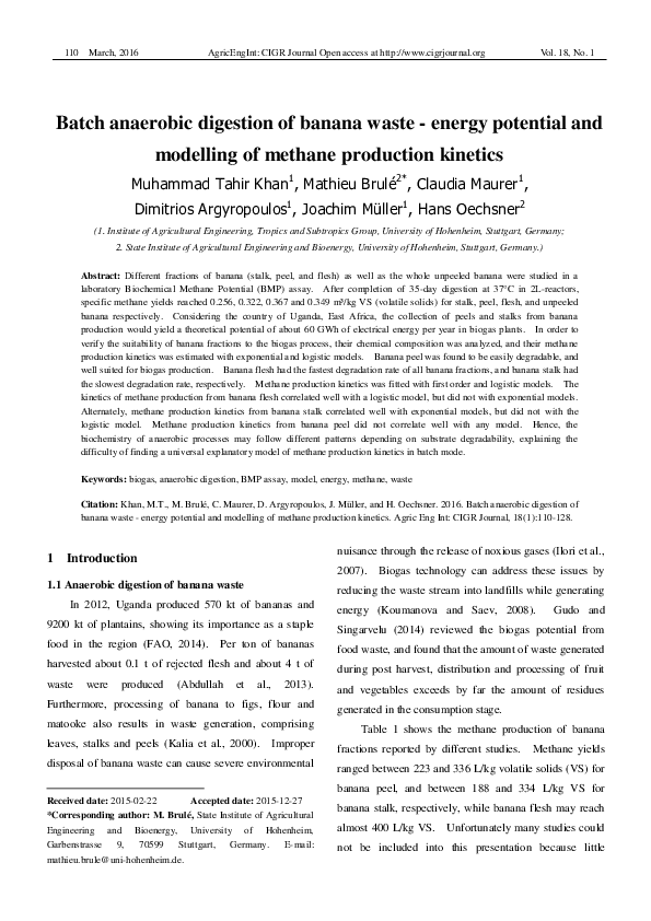 (PDF) Batch anaerobic digestion of banana waste-energy potential and modelling of methane ...