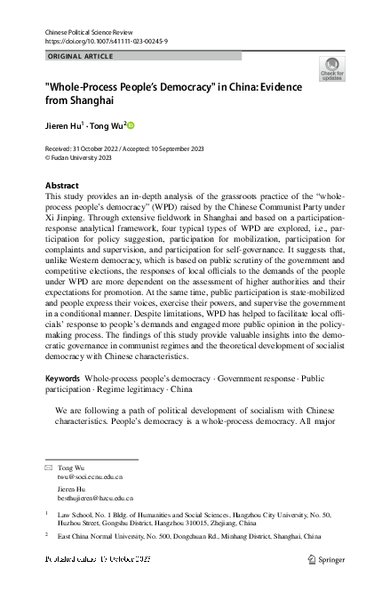(PDF) "Whole-Process People's Democracy" in China: Evidence from Shanghai
