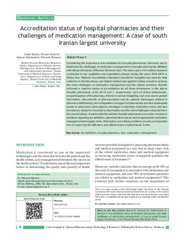 (PDF) Accreditation status of hospital pharmacies and their challenges of medication management ...