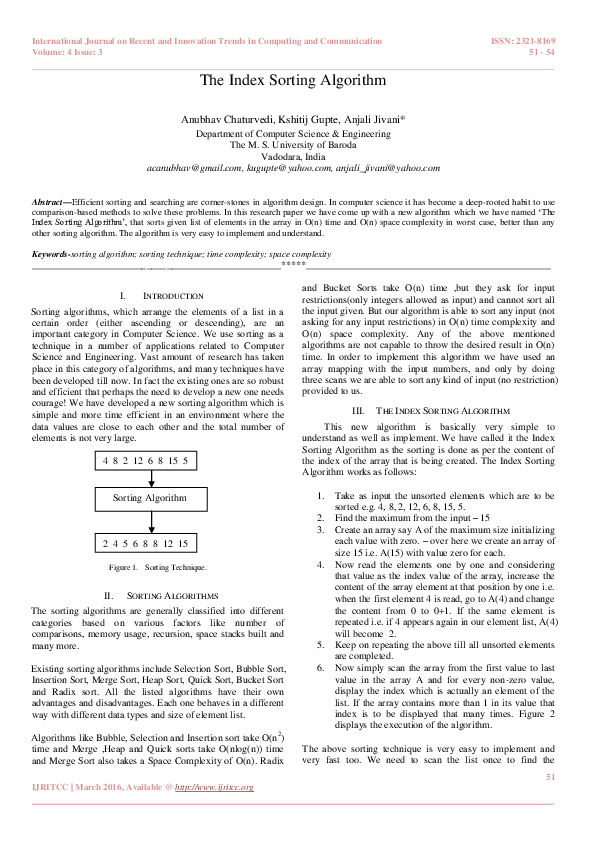 Pdf The Index Sorting Algorithm Anjali Jivani