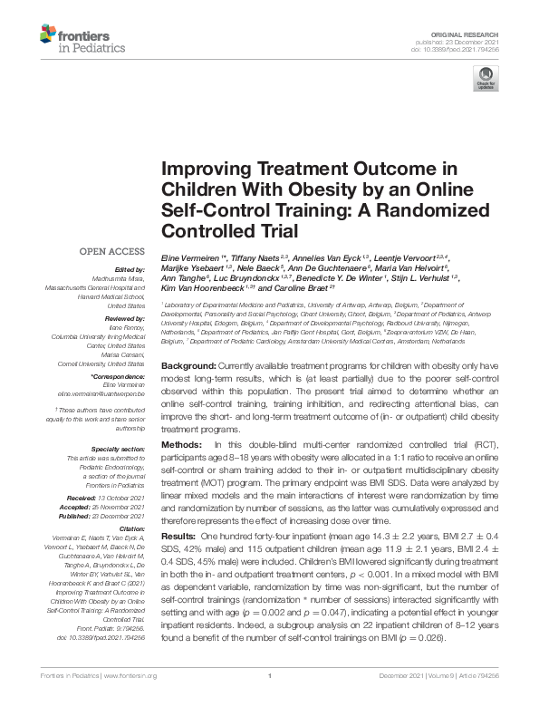 (PDF) Improving Treatment Outcome in Children With Obesity by an Online Self-Control Training: A ...