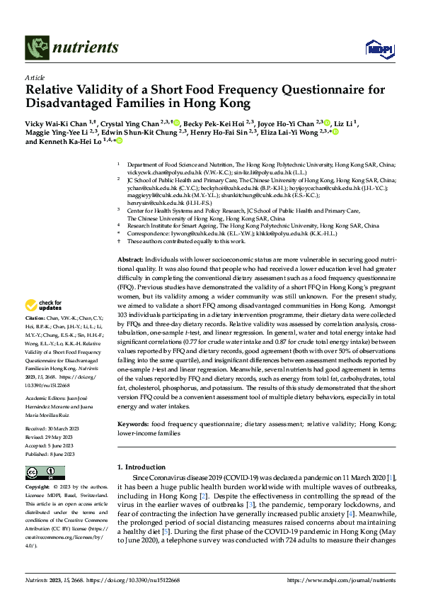 (PDF) Relative Validity of a Short Food Frequency Questionnaire for ...