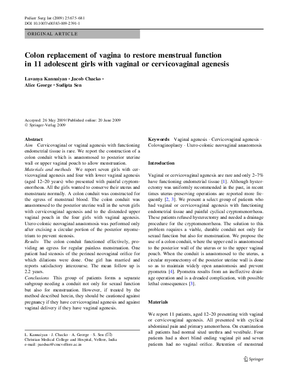 (PDF) Colon replacement of vagina to restore menstrual function in 11 ...