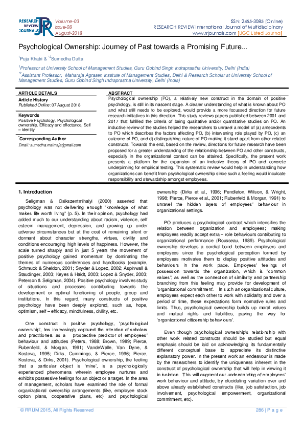 (PDF) Psychological Ownership: Journey of Past towards a Promising Future