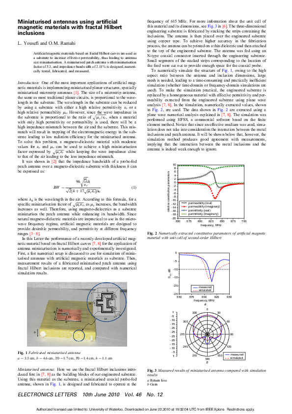 Pdf Miniaturised Antennas Using Artificial Magnetic Materials With Fractal Hilbert Inclusions