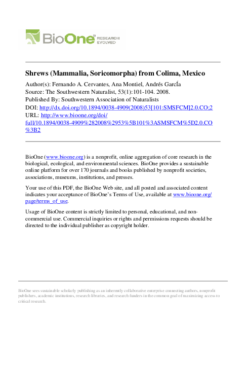 (PDF) Shrews (Mammalia, Soricomorpha) from Colima, Mexico