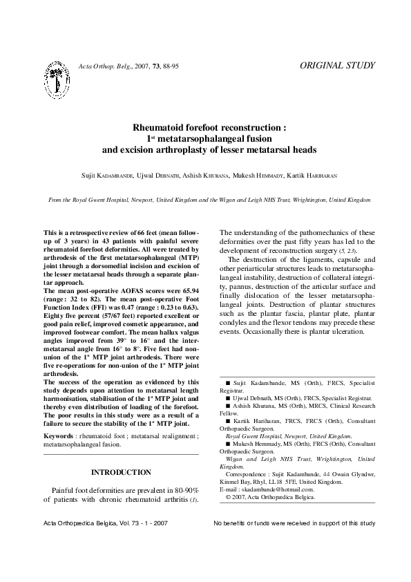 (PDF) Rheumatoid forefoot reconstruction: 1st metatarsophalangeal ...