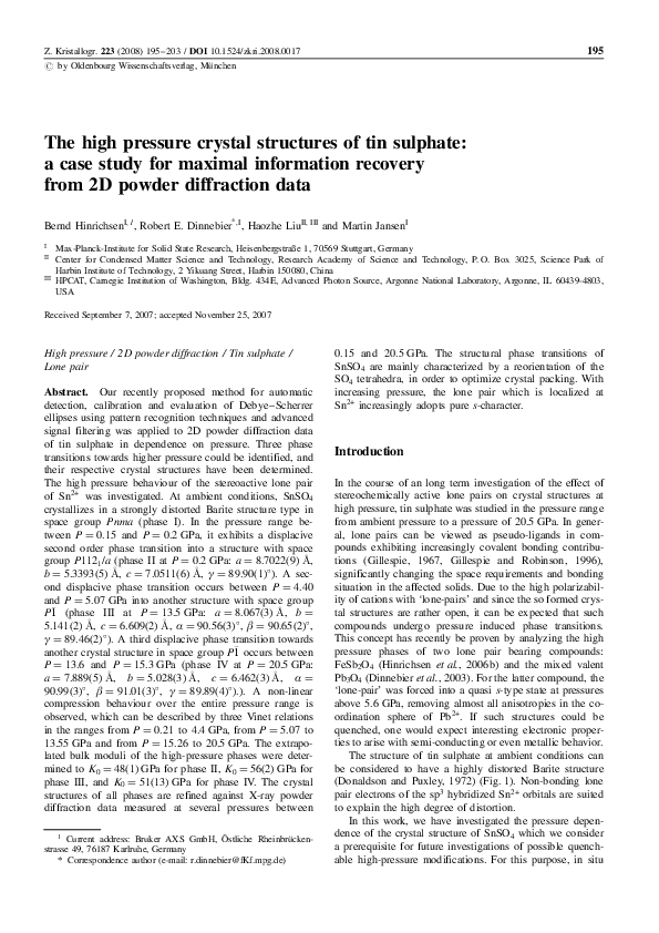 (PDF) The high pressure crystal structures of tin sulphate: a case study for maximal information ...
