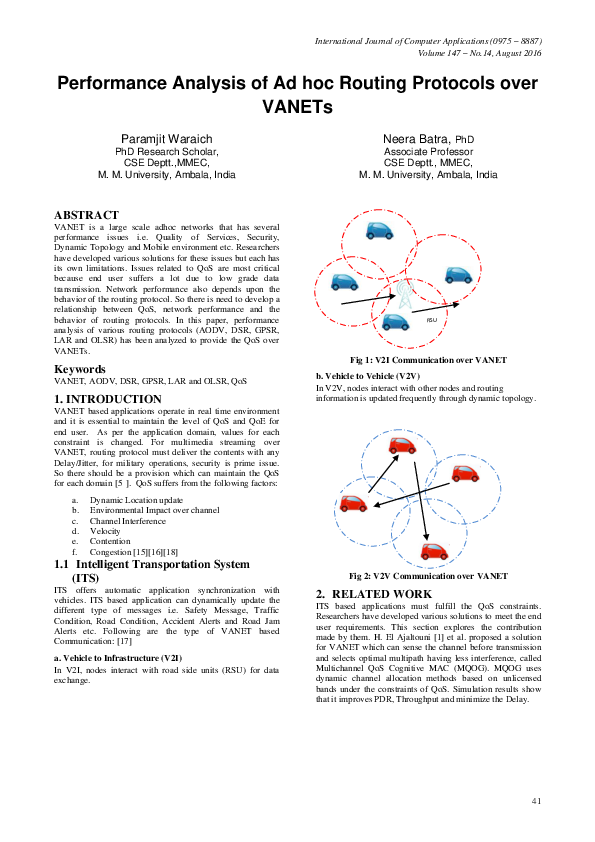 (PDF) Performance Analysis of Ad hoc Routing Protocols over VANETs