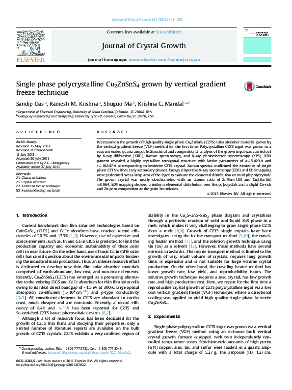 (PDF) Single phase polycrystalline Cu2ZnSnS4 grown by vertical gradient ...
