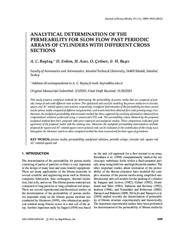 Pdf Analytical Determination Of The Permeability For Slow Flow Past