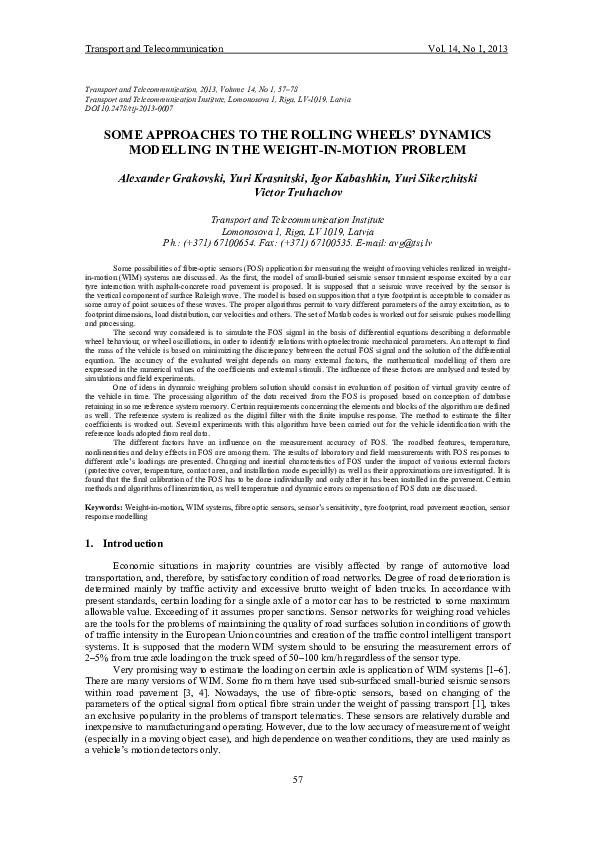 (PDF) Some Approaches to the Rolling Wheels’ Dynamics Modelling in the Weight-in-Motion Problem