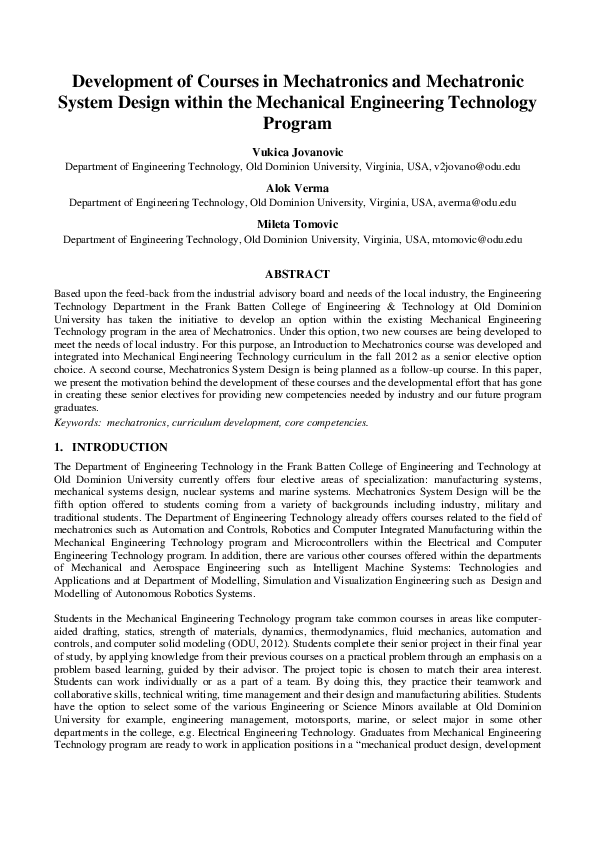 (PDF) Development of Courses in Mechatronics and Mechatronic System Design within the Mechanical ...