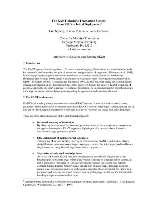 (PDF) The KANT Machine Translation System: From R&D to Initial Deployment