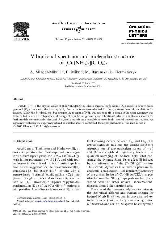 (PDF) Vibrational spectrum and molecular structure of [Cu(NH3)5](ClO4)2