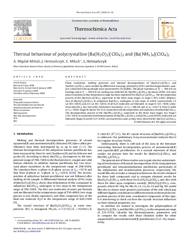 (PDF) Thermal behaviour of polycrystalline [Ba(H2O)3](ClO4)2 and [Ba ...