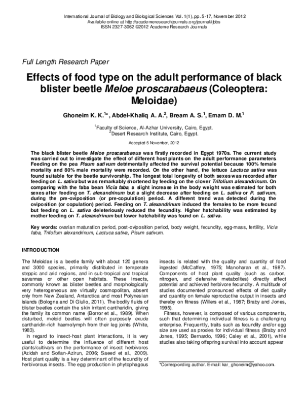(PDF) Effects of food type on the adult performance of black blister ...