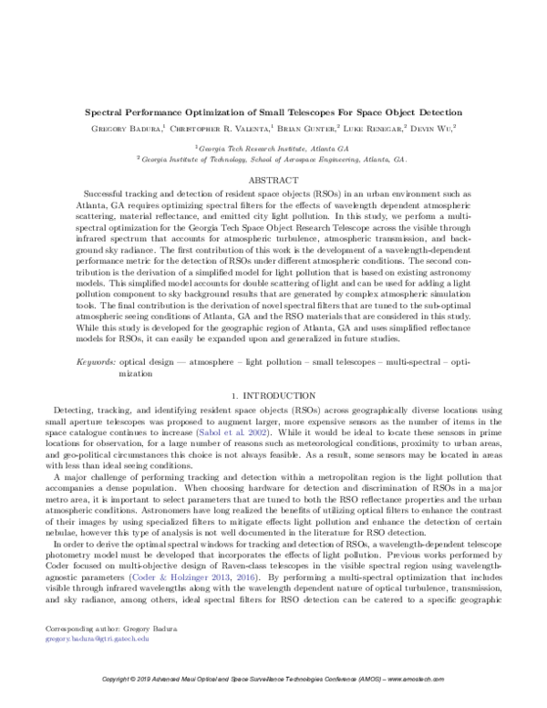 (PDF) Spectral Performance Optimization of Small Telescopes For Space Object Detection