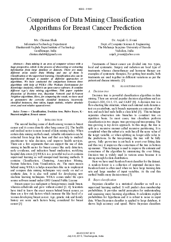 Pdf Comparison Of Data Mining Classification Algorithms For Breast