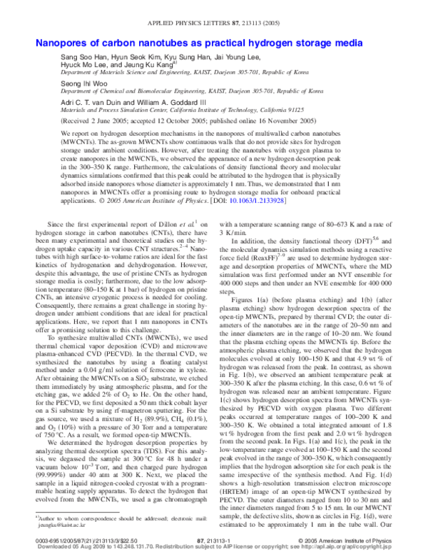 (PDF) Hydrogen Storage in Nanopores of Carbon Nanotubes
