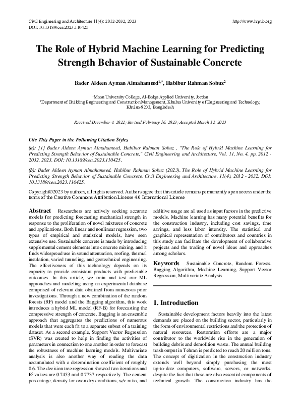 (PDF) The Role of Hybrid Machine Learning for Predicting Strength Behavior of Sustainable Concrete
