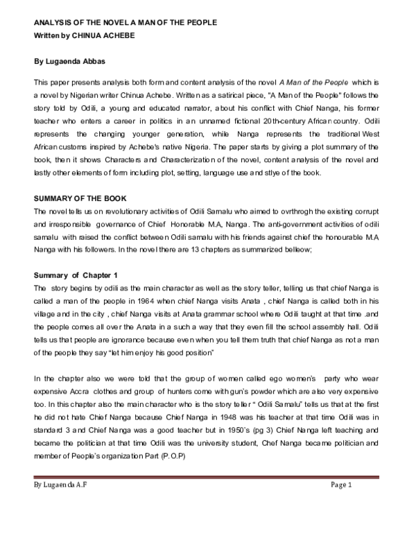 (DOC) ANALYSIS OF THE NOVEL A MAN OF THE PEOPLE Written by CHINUA ACHEBE