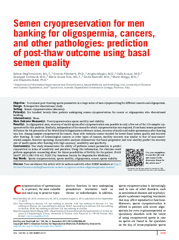 (PDF) Semen cryopreservation for men banking for oligospermia, cancers ...