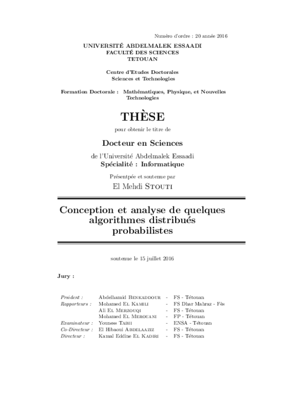 (PDF) Conception et Analyse de quelques Algorithmes Distribués ...