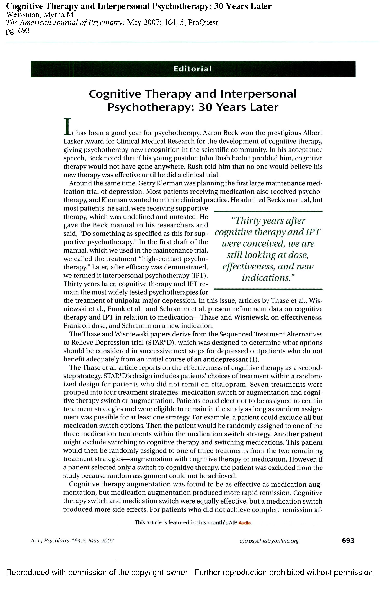 (PDF) Cognitive Therapy and Interpersonal Psychotherapy: 30 Years Later