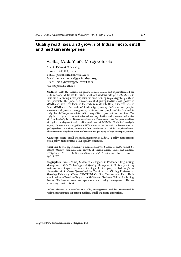 (PDF) Quality readiness and growth of Indian micro, small and medium ...
