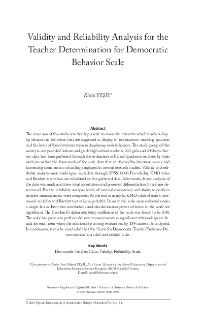 (PDF) Validity and Reliability Analysis for the Teacher Determination for Democratic Behavior ...