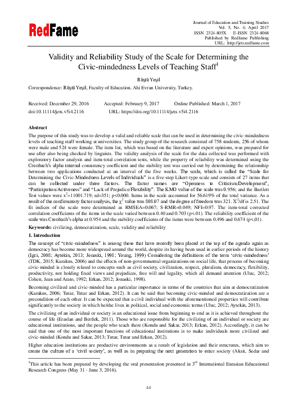 (PDF) Validity and Reliability Study of the Scale for Determining the Civic-mindedness Levels of ...