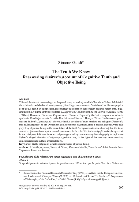 (PDF) The Truth We Know. Reassessing Suárez's Account of Cognitive ...