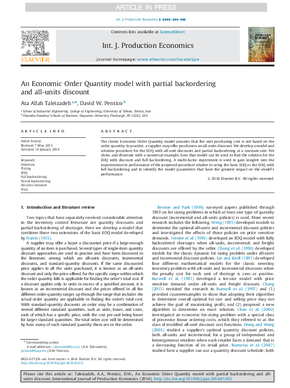 Pdf An Economic Order Quantity Model With Partial Backlogging Under General Backorder Cost