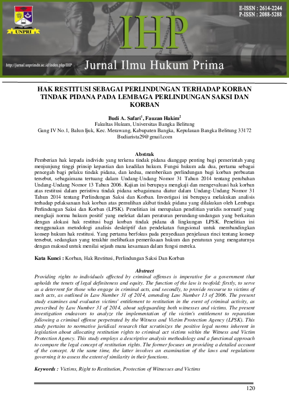 (PDF) Hak Restitusi Sebagai Perlindungan Terhadap Korban Tindak Pidana Pada Lembaga Perlindungan ...