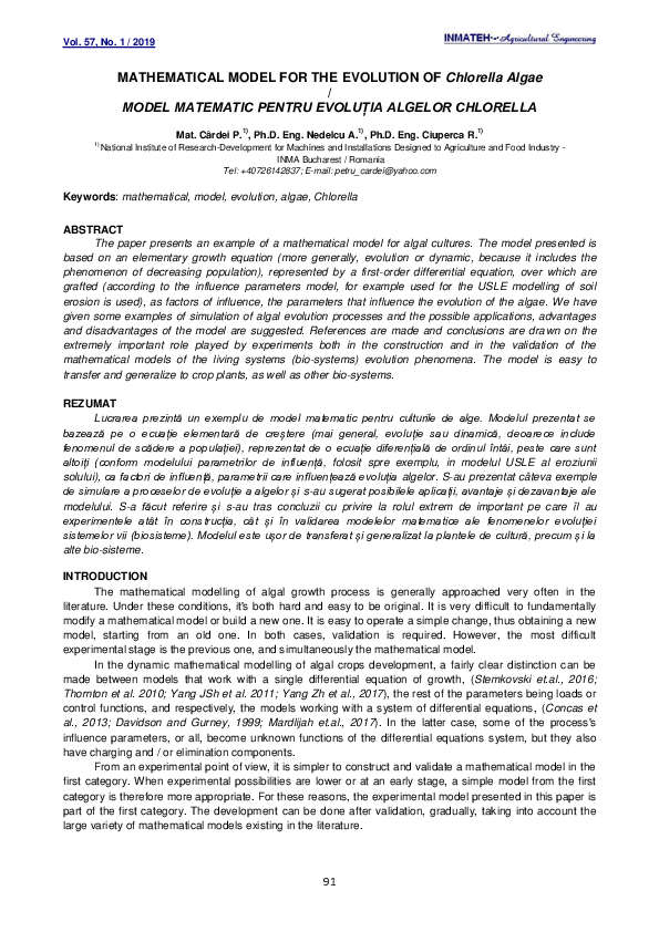 (PDF) MATHEMATICAL MODEL FOR THE EVOLUTION OF Chlorella Algae