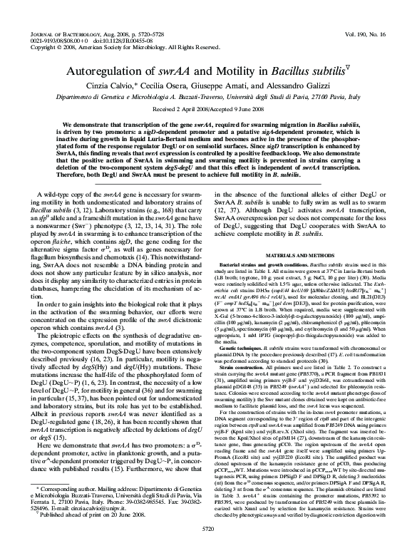 (PDF) Autoregulation of swrAA and Motility in Bacillus subtilis